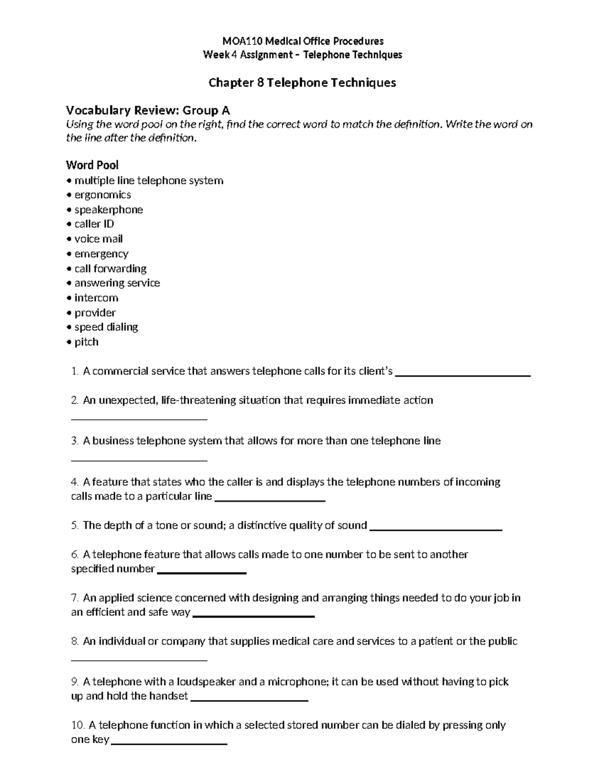 Week 4 Assignment: Telephone Techniques (15e) - Vocabulary & Call ...