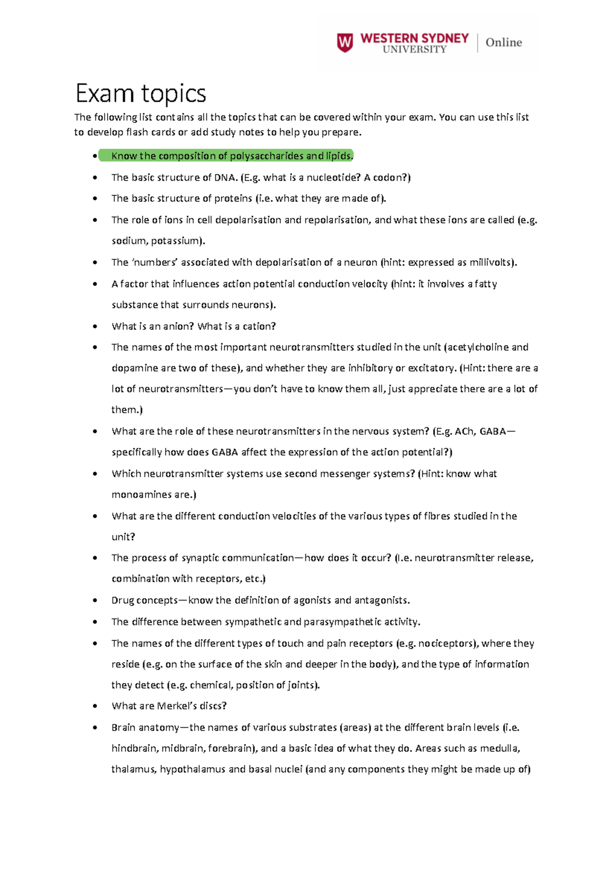 Exam topics for Brain and Behaviour 2021 - 101684 - UWS - Studocu