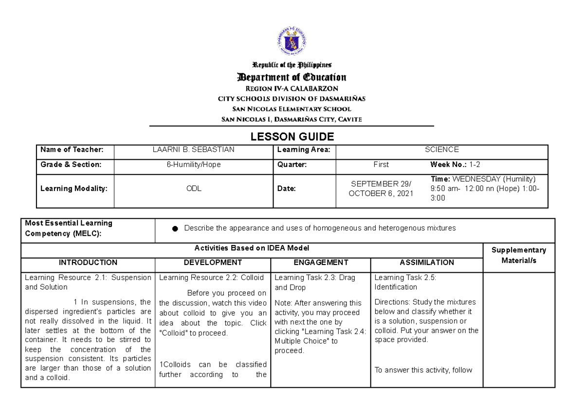 Lesson Guide ODL Science WK 3 4 - LESSON GUIDE Name of Teacher: LAARNI ...