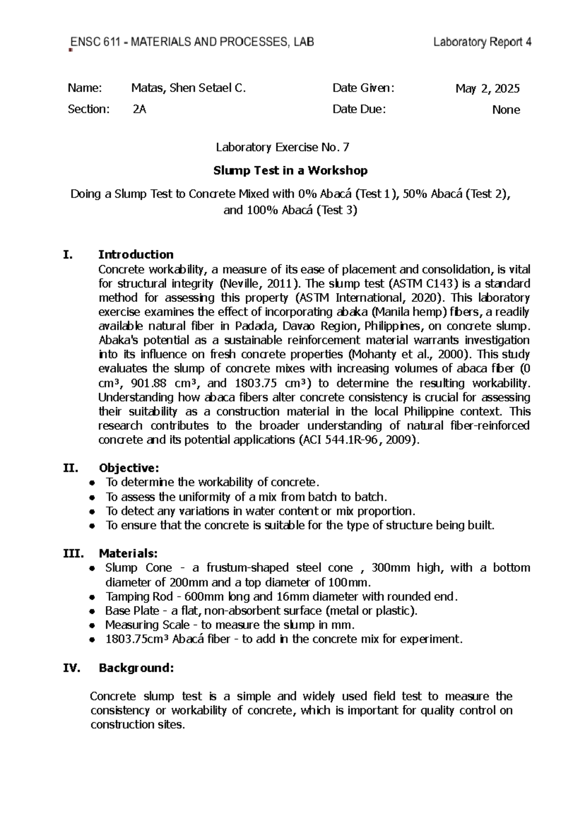 Laboratory Exercise No. 7: Slump Test of Concrete with Abacá Fiber ...
