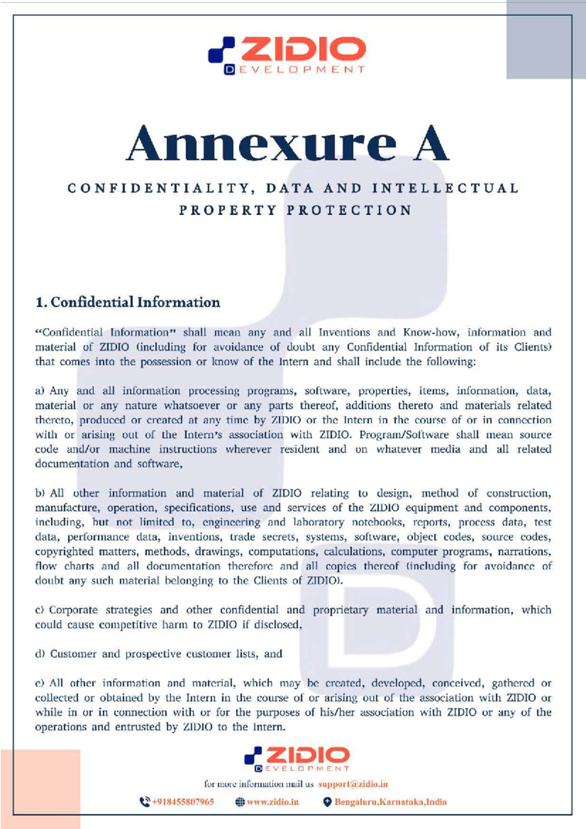 ZIDIO DEVELOPMENT Annexure A: Confidentiality & IP Protection ...