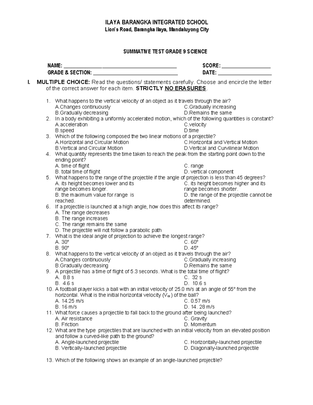 Summative Test G9 Science: Projectile Motion & Energy Concepts - Studocu