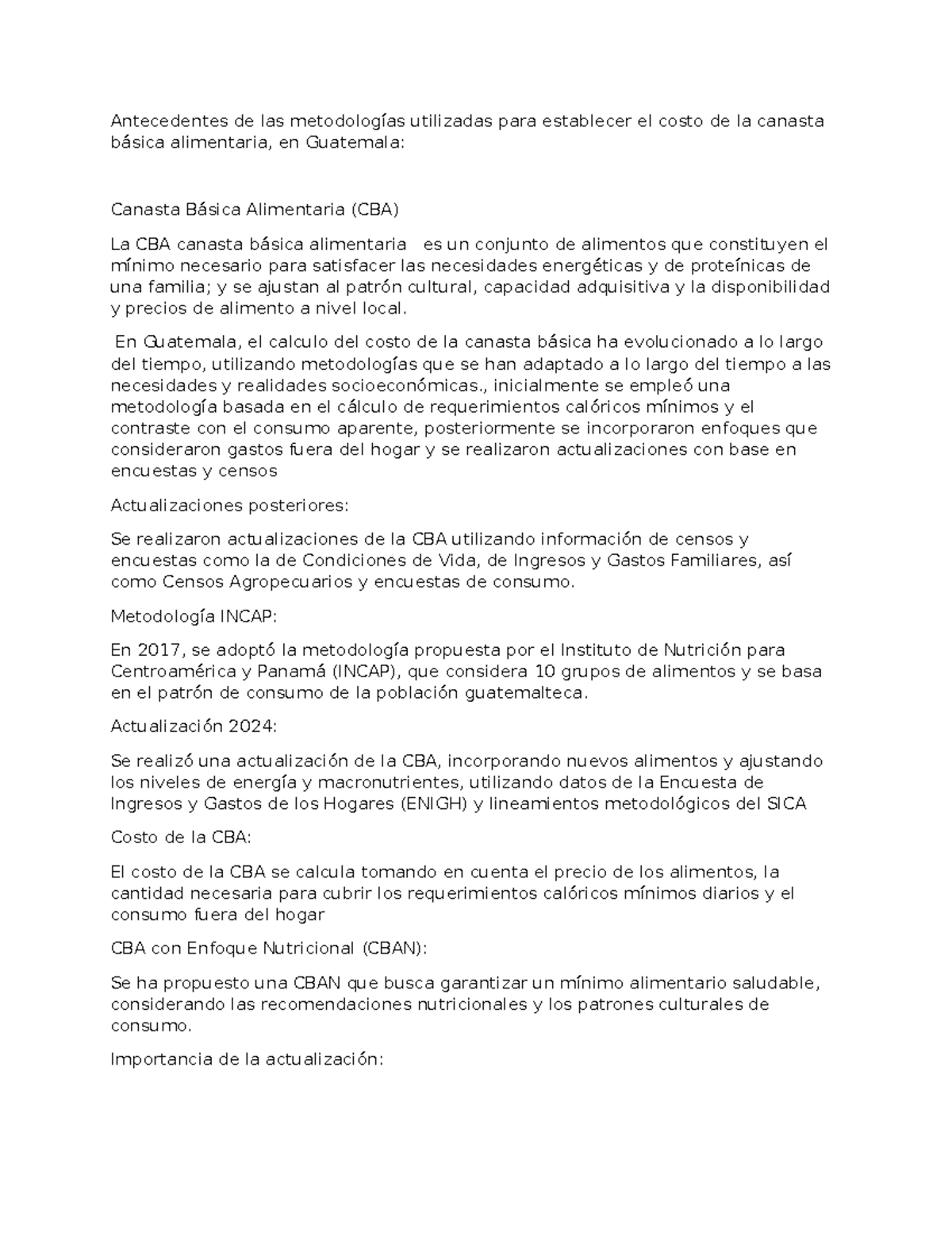 Metodologías para el Cálculo del Costo de la CBA en Guatemala - Studocu