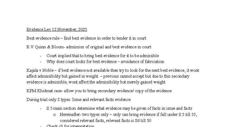 Evidence Lec 12: Best Evidence Rule & Admissibility in Court - Studocu