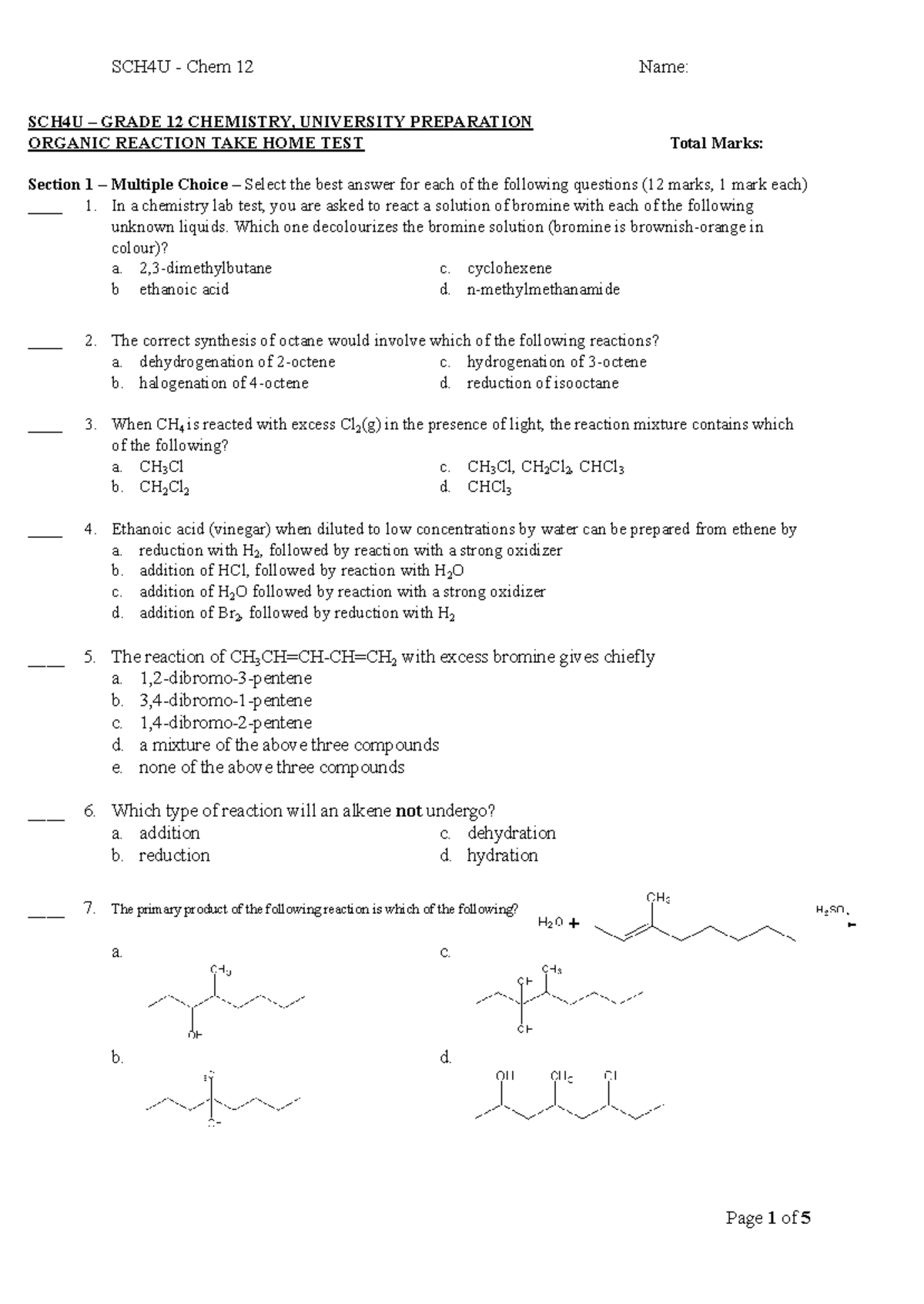 SCH4U Grade 12 Chemistry Organic Reaction Practice Test - Studocu