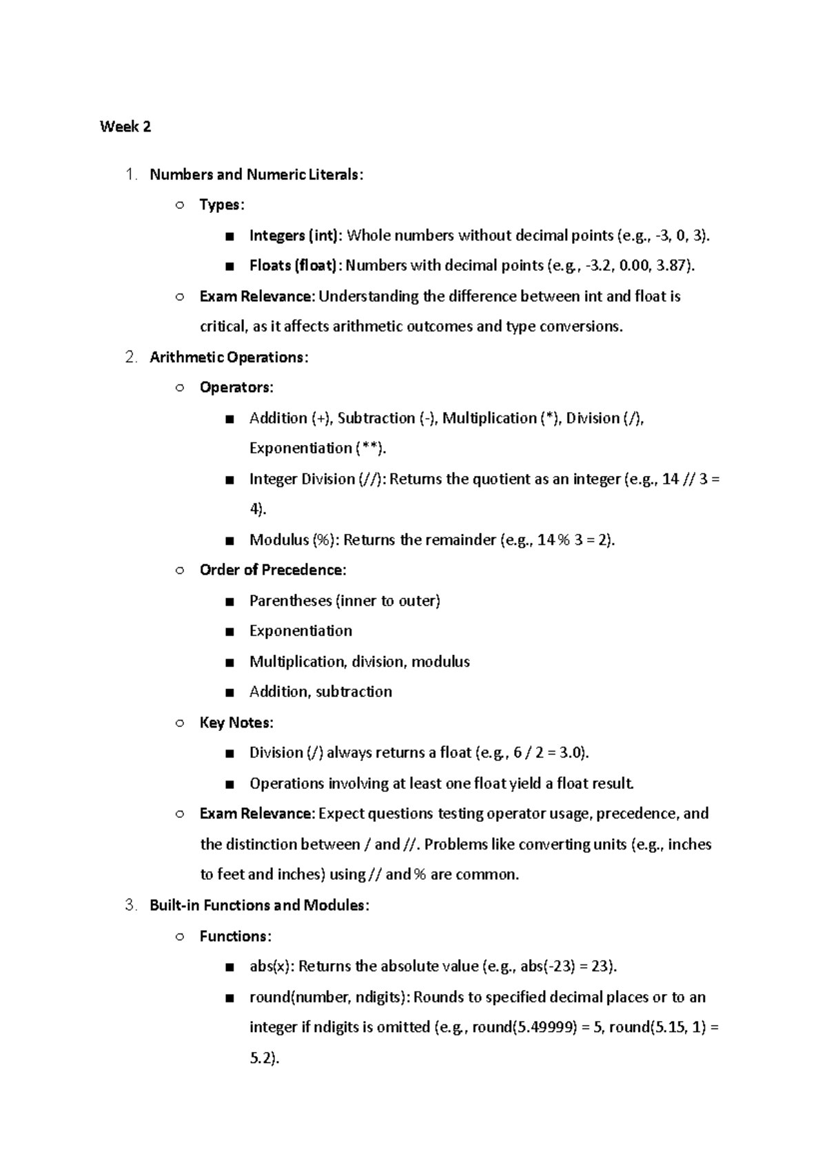 Week 2: Numbers, Numeric Literals, and Functions Overview (CS101) - Studocu