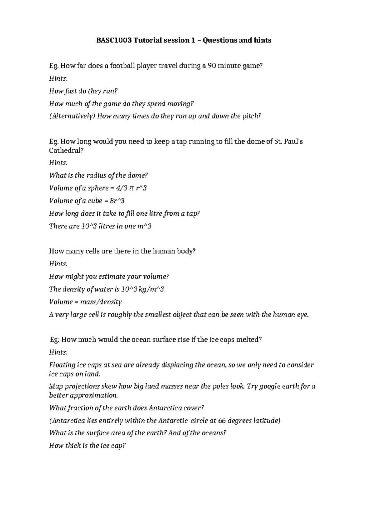 BASC1003 Tutorial 1: Fermi Problems and Estimations - Studocu