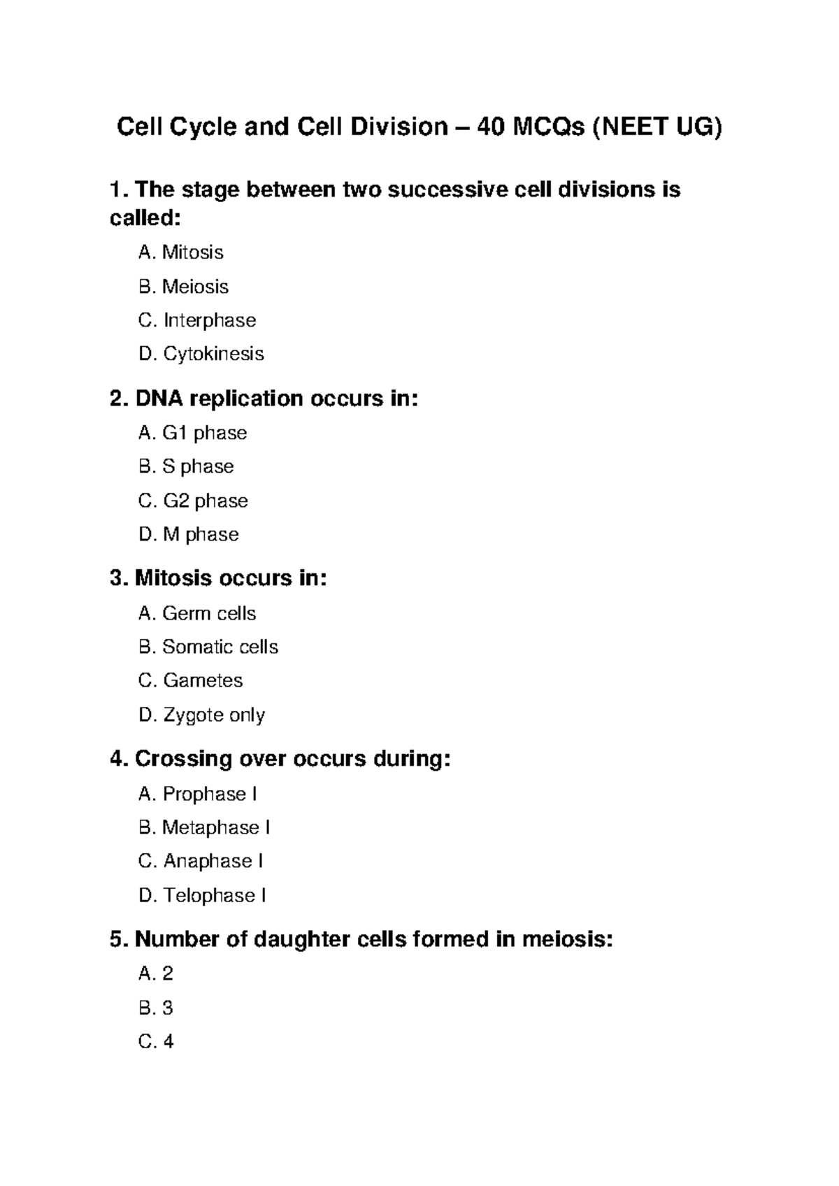 Cell Cycle & Division NEET UG: 40 MCQs for Exam Prep - Studocu