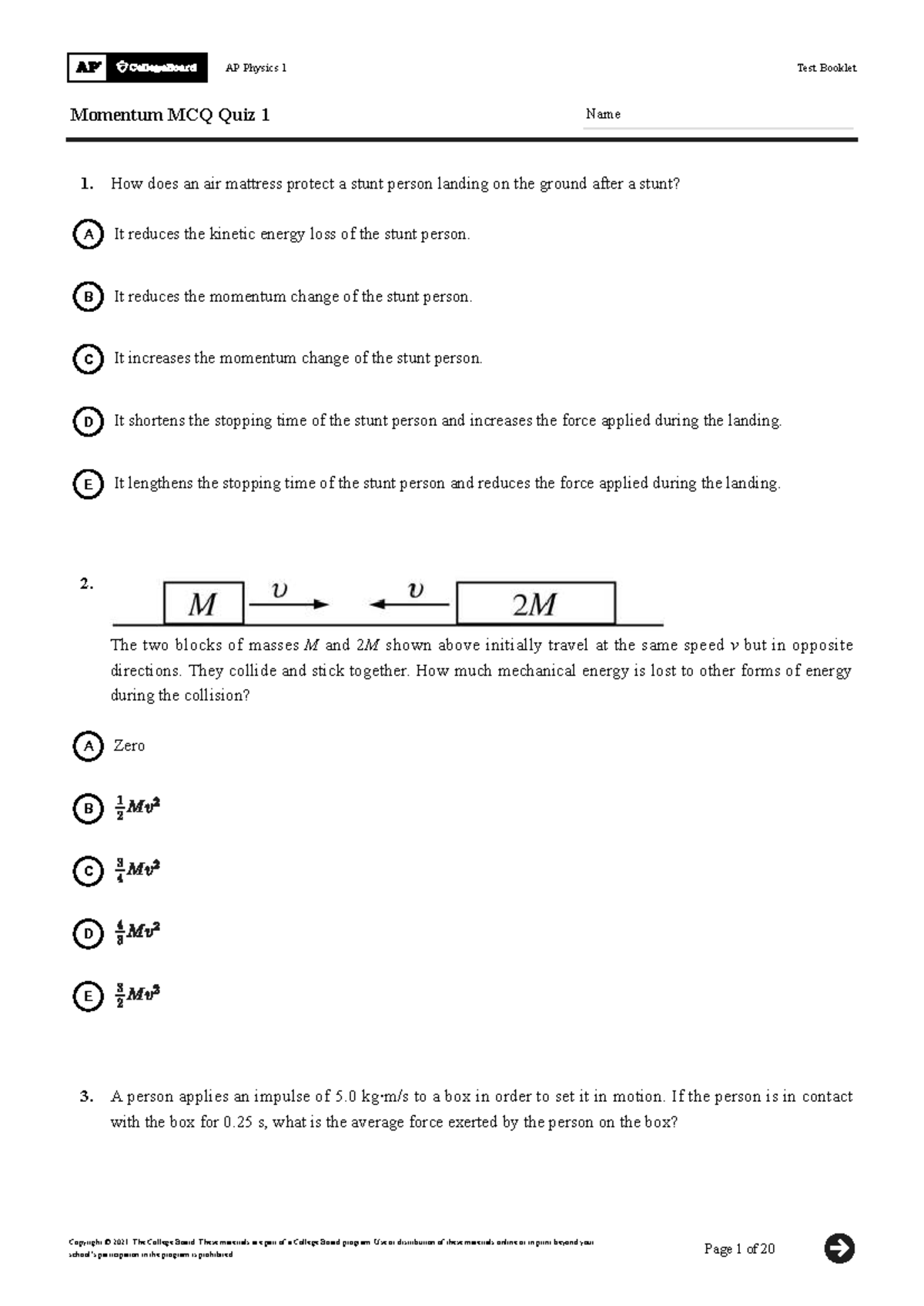 AP Physics 1 Momentum MCQ Quiz 1 Practice Test - Studocu