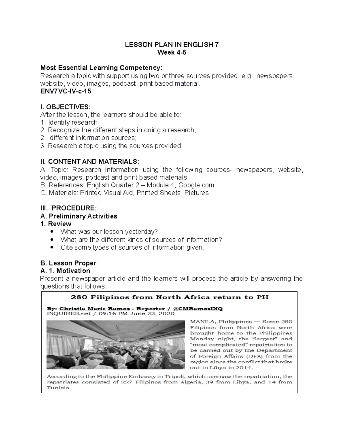 Lesson Plan in ENG 7: Research Skills and Information Sources - Studocu