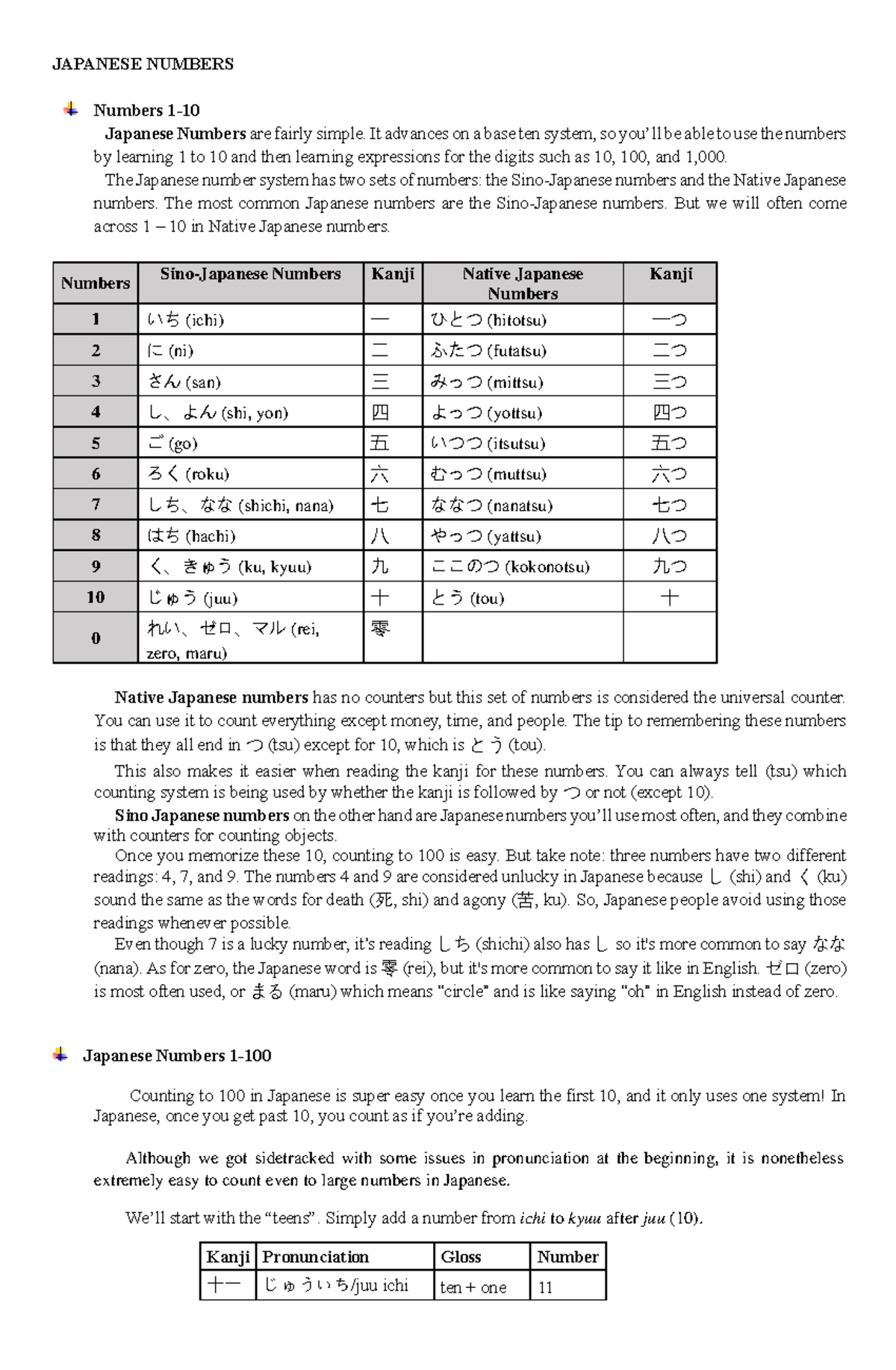 Japanese Numbers: Understanding the Kanji and Counting Systems - Studocu