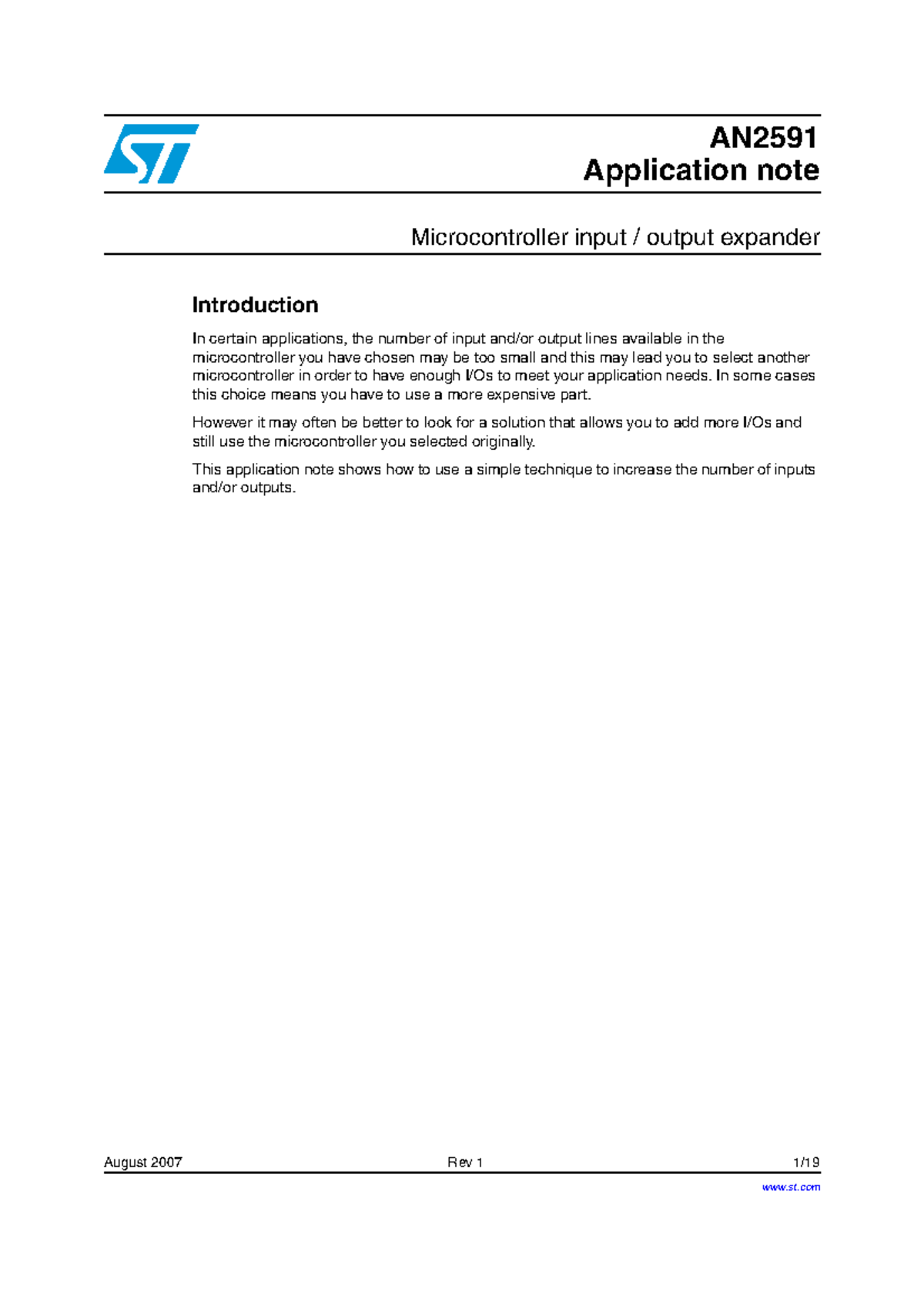 Dtsheet AN2591 - Datasheet - August 2007 Rev 1 1/ AN Application note ...