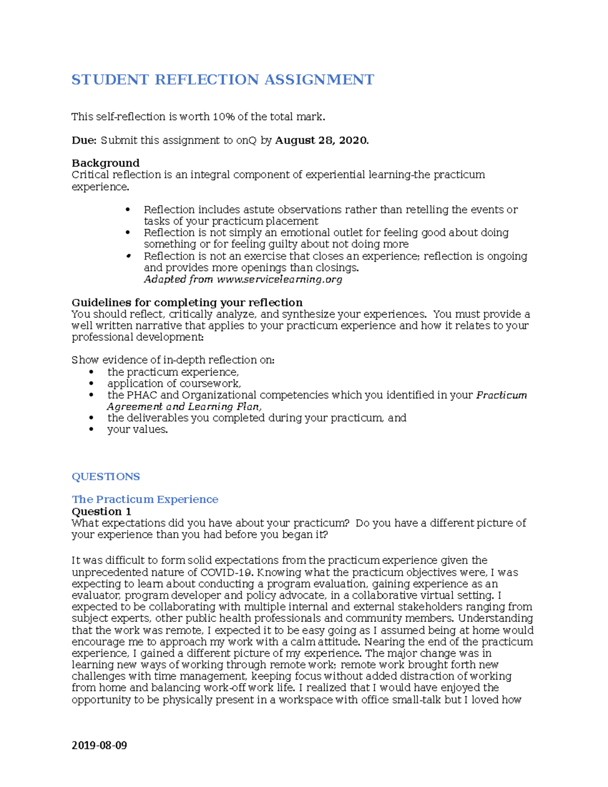 PHAC 2020 Student Reflection on Practicum Experience and Learnings ...