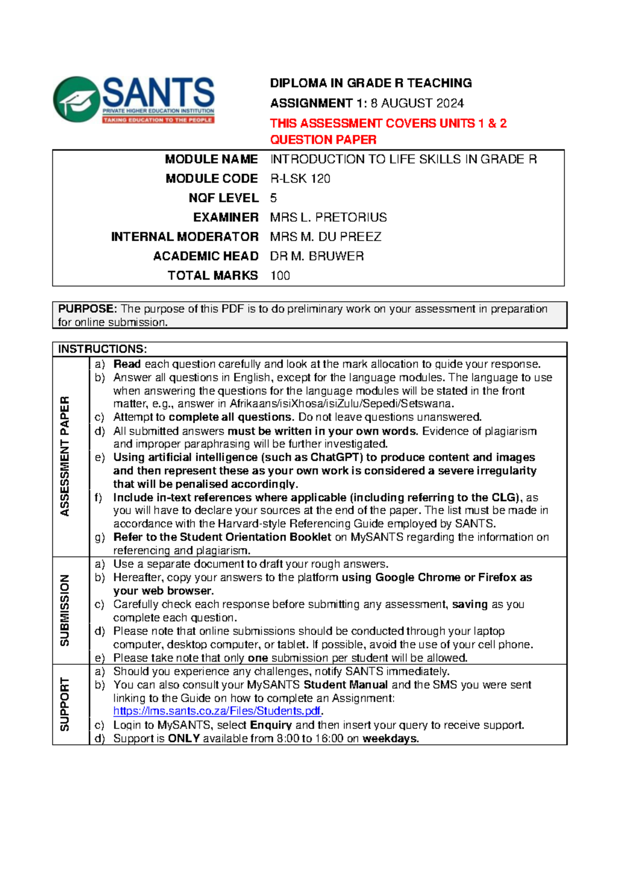 Life Skills Assessment: R-LSK 120 - Units 1 & 2 Assignment Guide - Studocu