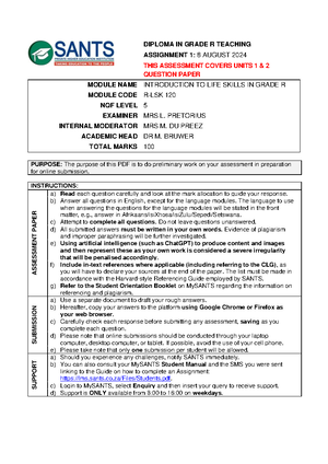 R-LSK 120 Assignment 1 Question Paper Feb2025 - DIPLOMA IN GRADE R ...