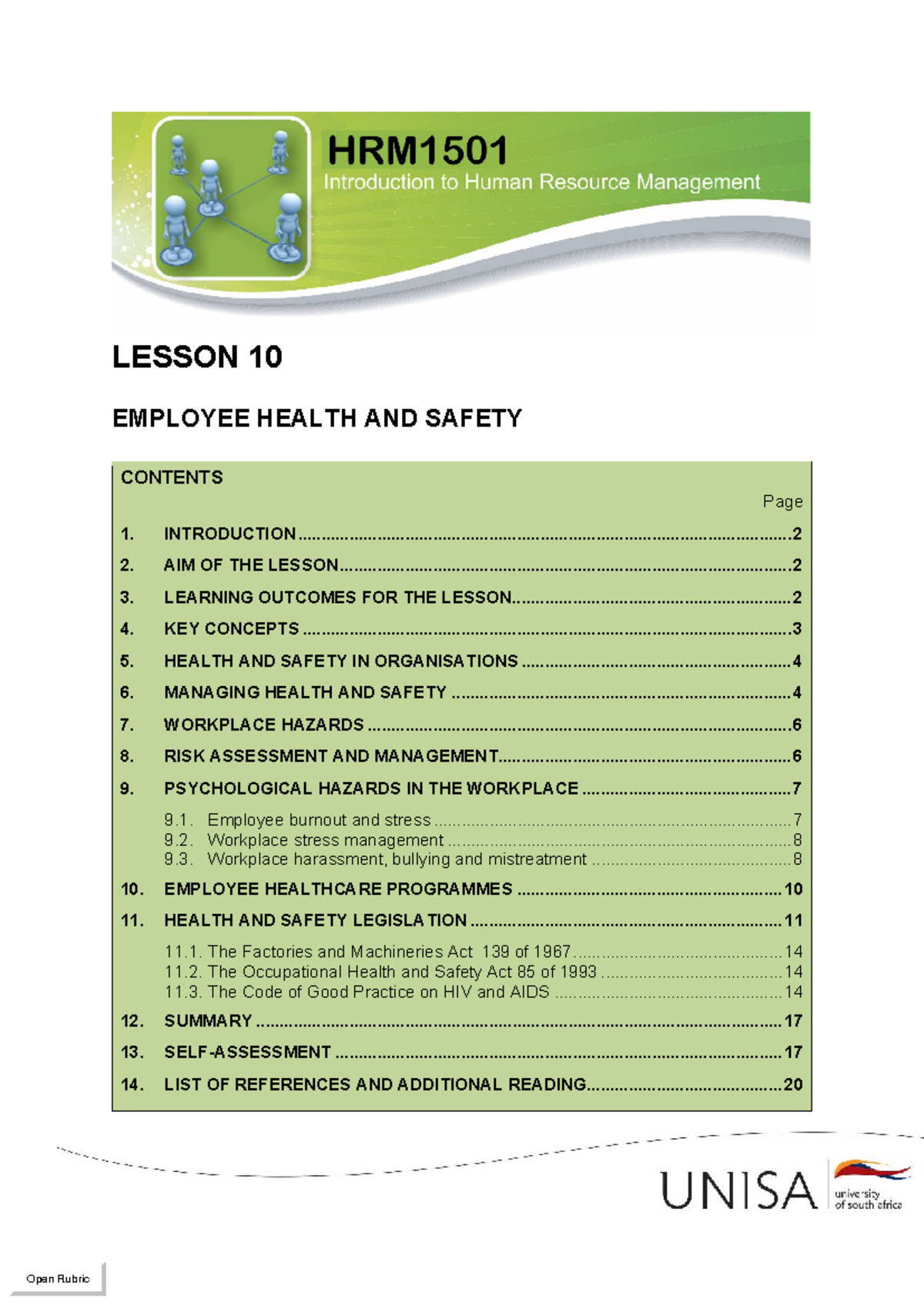 HRM2601 Lesson 10: Employee Health and Safety Management - Studocu