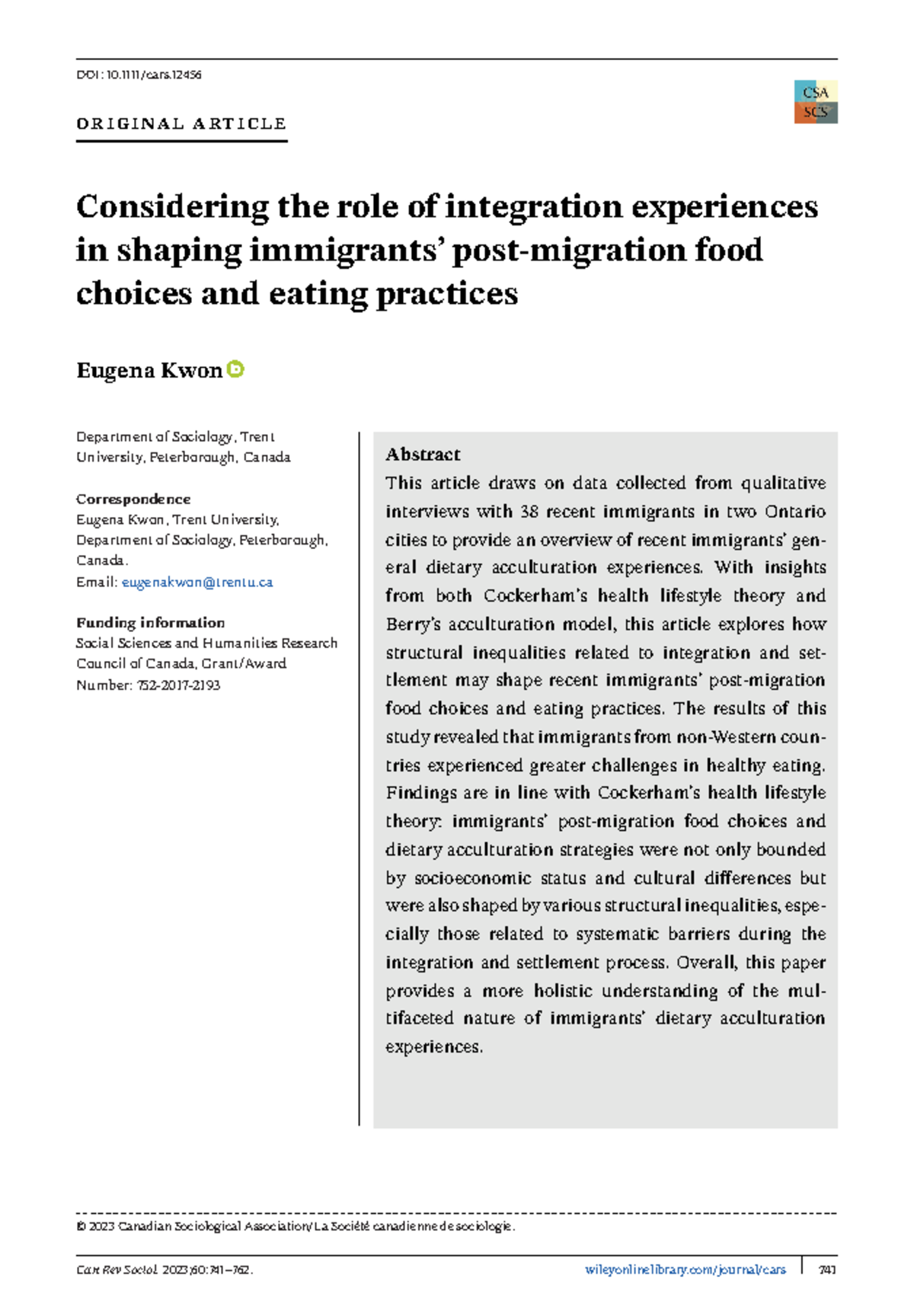 Can Rev Sociol 2023 - Kwon - Immigrants' Food Choices & Integration ...