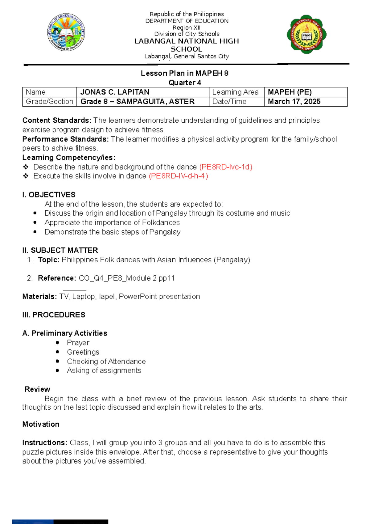 MAPEH 8 Lesson Plan: Pangalay Folk Dance (Quarter 4, SY 2024-2025 ...
