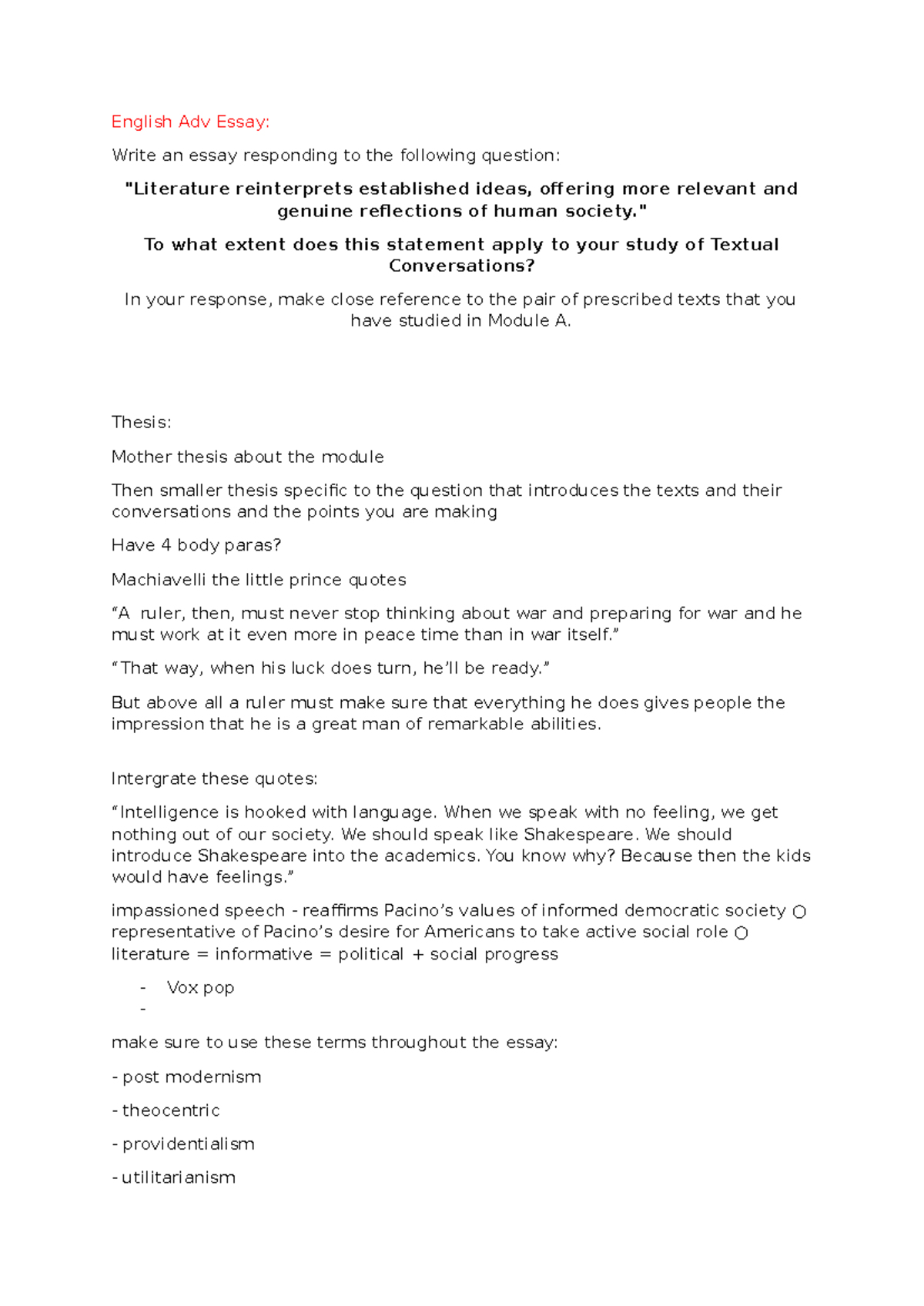 English Adv Essay - English Adv Essay: Write an essay responding to the ...