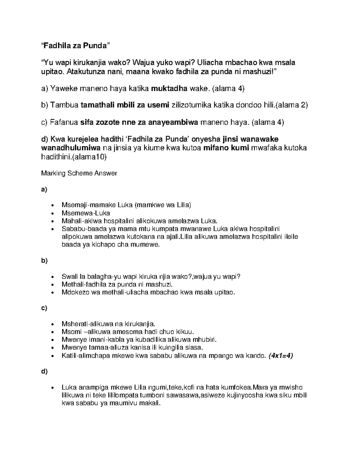 Fadhila za Punda: Muhtasari wa Hadithi na Muktadha wa matukio - Studocu