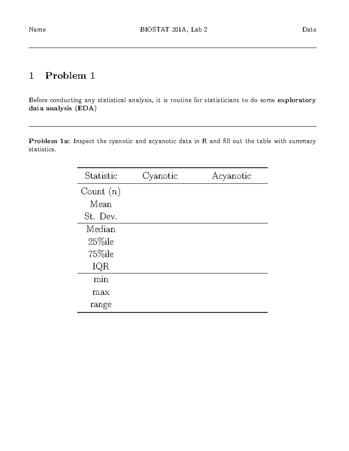 BIOSTAT 201A: Lab 2 - Exploratory Data Analysis & Statistics - Studocu