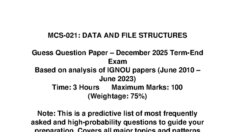 MCS-021 Guess Question Paper Dec2025 - MCS-021: DATA AND FILE ...