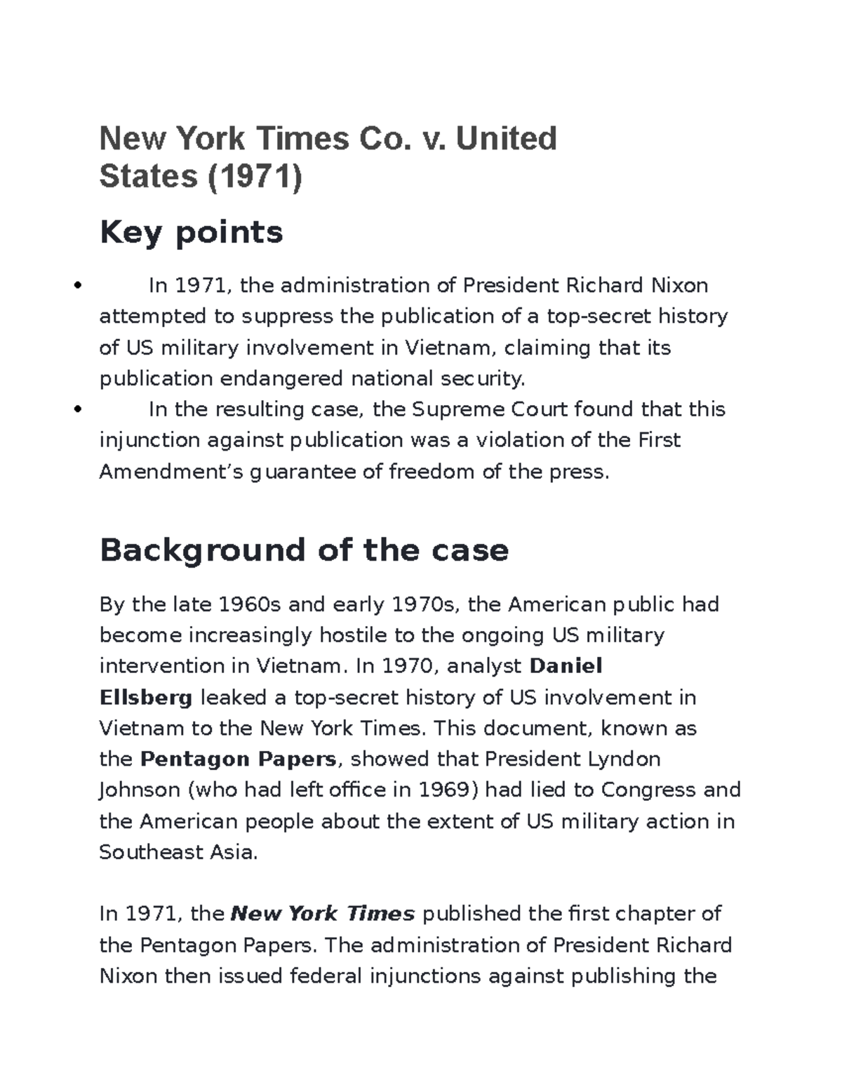 NY Times v. US (1971) - Analysis of the Pentagon Papers Case - Studocu
