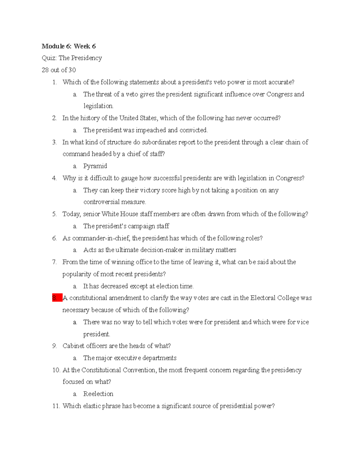 Quiz: The Presidency (Pt. 1) - Key Concepts and Insights - Studocu