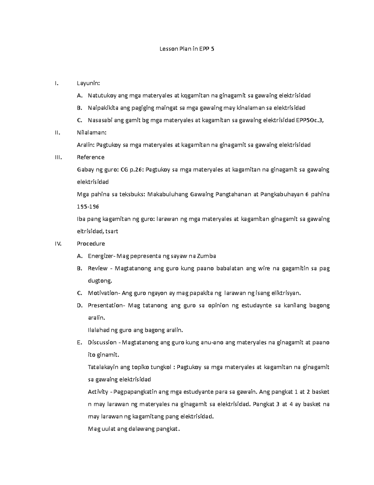 EPP 5 Lesson Plan: Pagtukoy sa Materyales at Kagamitan sa Elektrisidad ...