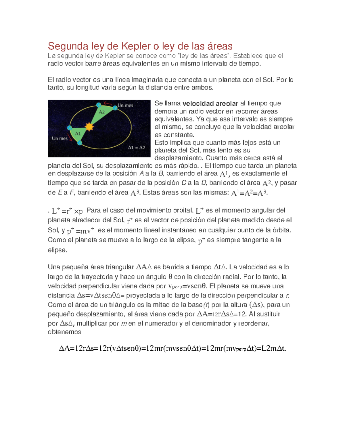 Segunda ley de Kepler o ley de las áreas - Establece que el radio ...