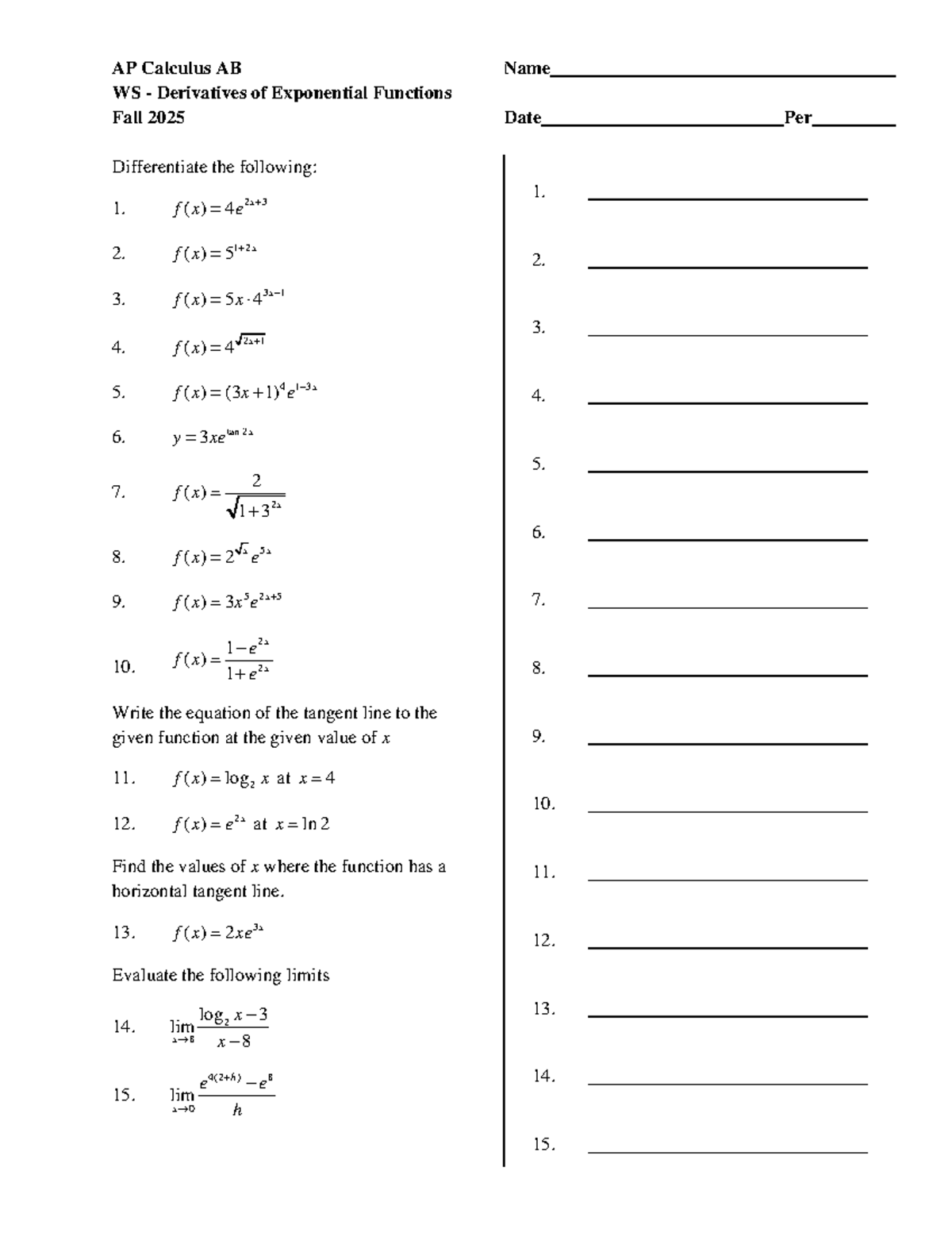 AP Calculus AB WS: Derivatives of Exponential Functions Fall 2025 - Studocu