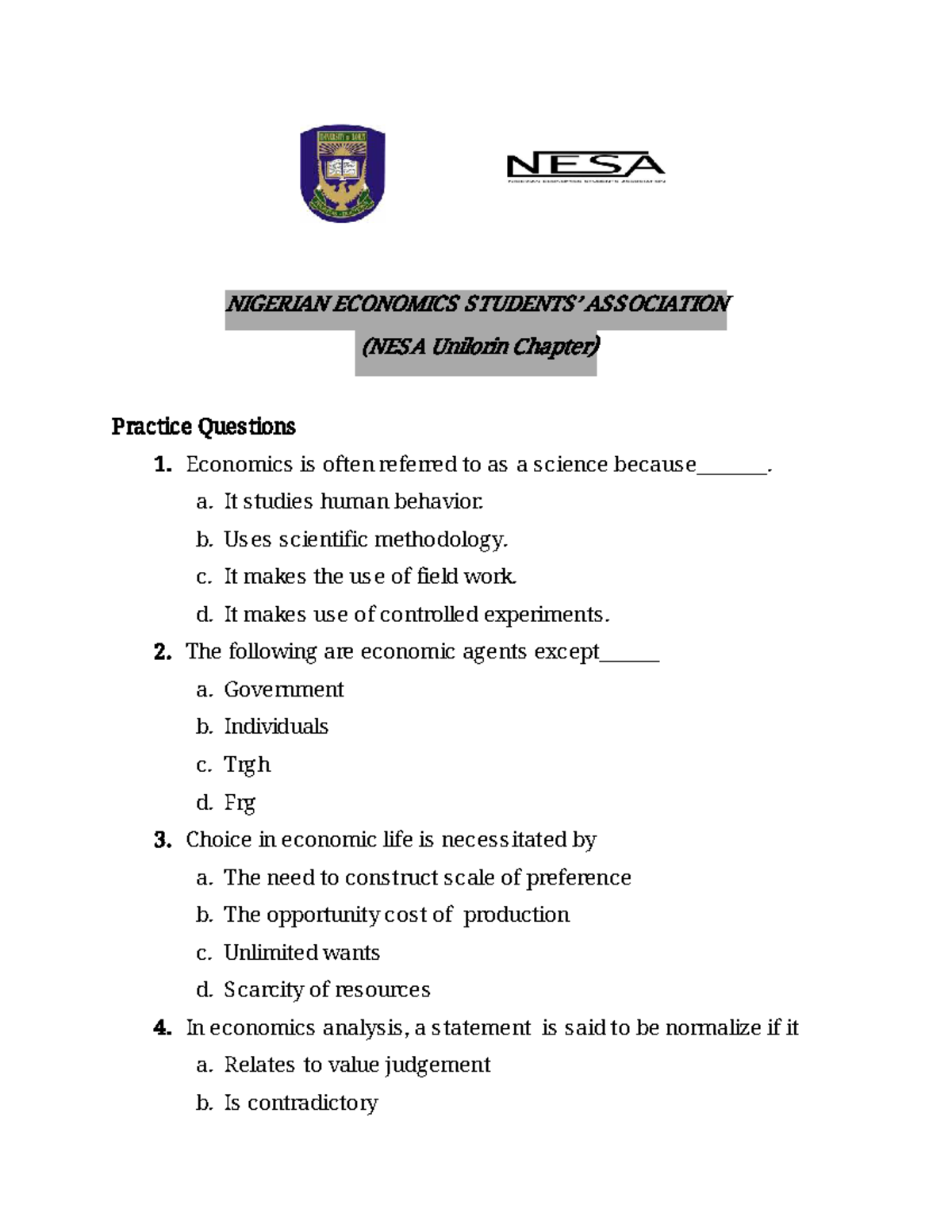 ECN101 Practice Questions for Economics 100 Level Students - Studocu