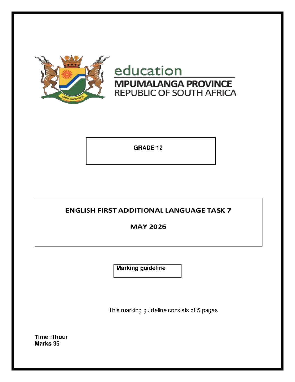 Grade 12 EFAL Task 7 Assignment 2026: Marking Guideline for Drama - Studocu
