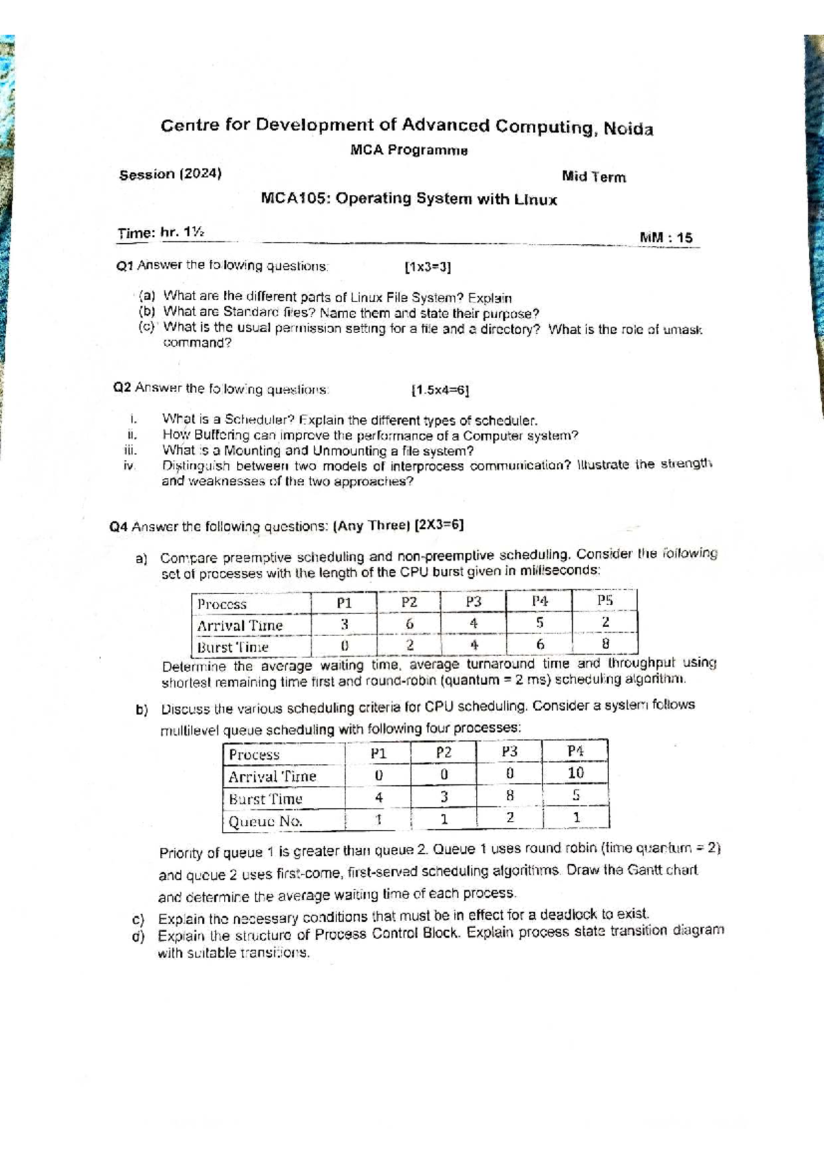 MCA105: Operating System with Linux - Mid Term Exam (2024) - Studocu