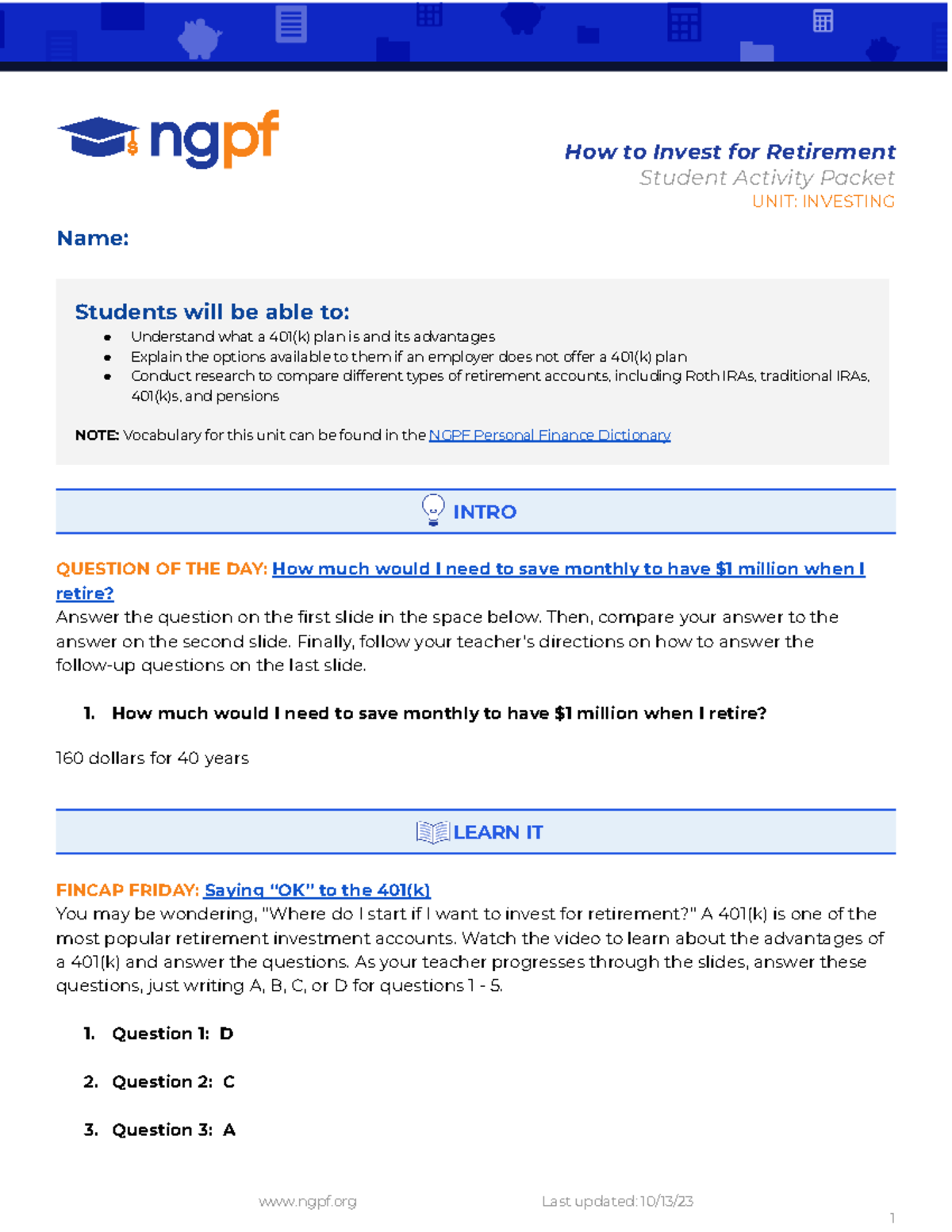 Copy of How to Invest for Retirement Student Activity Packet - How to ...
