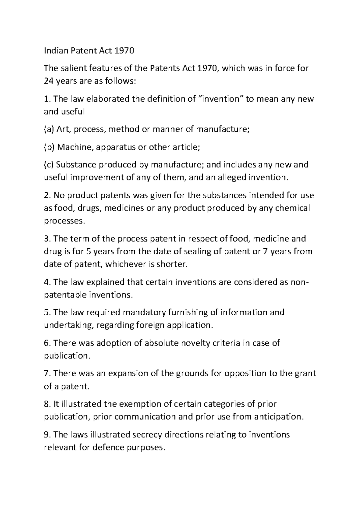 Indian Patent Act 1970: Key Features and Amendments Overview - Studocu