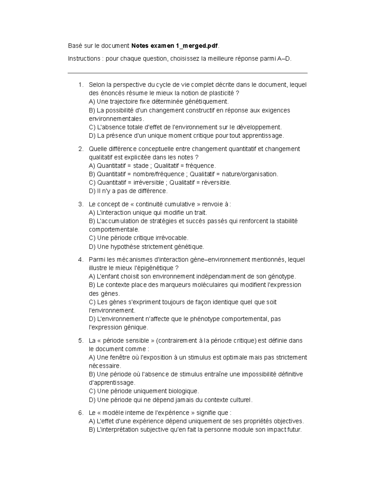 QCM Examen 1 - Notes et Choix de Réponses (Cours PSY101) - Studocu