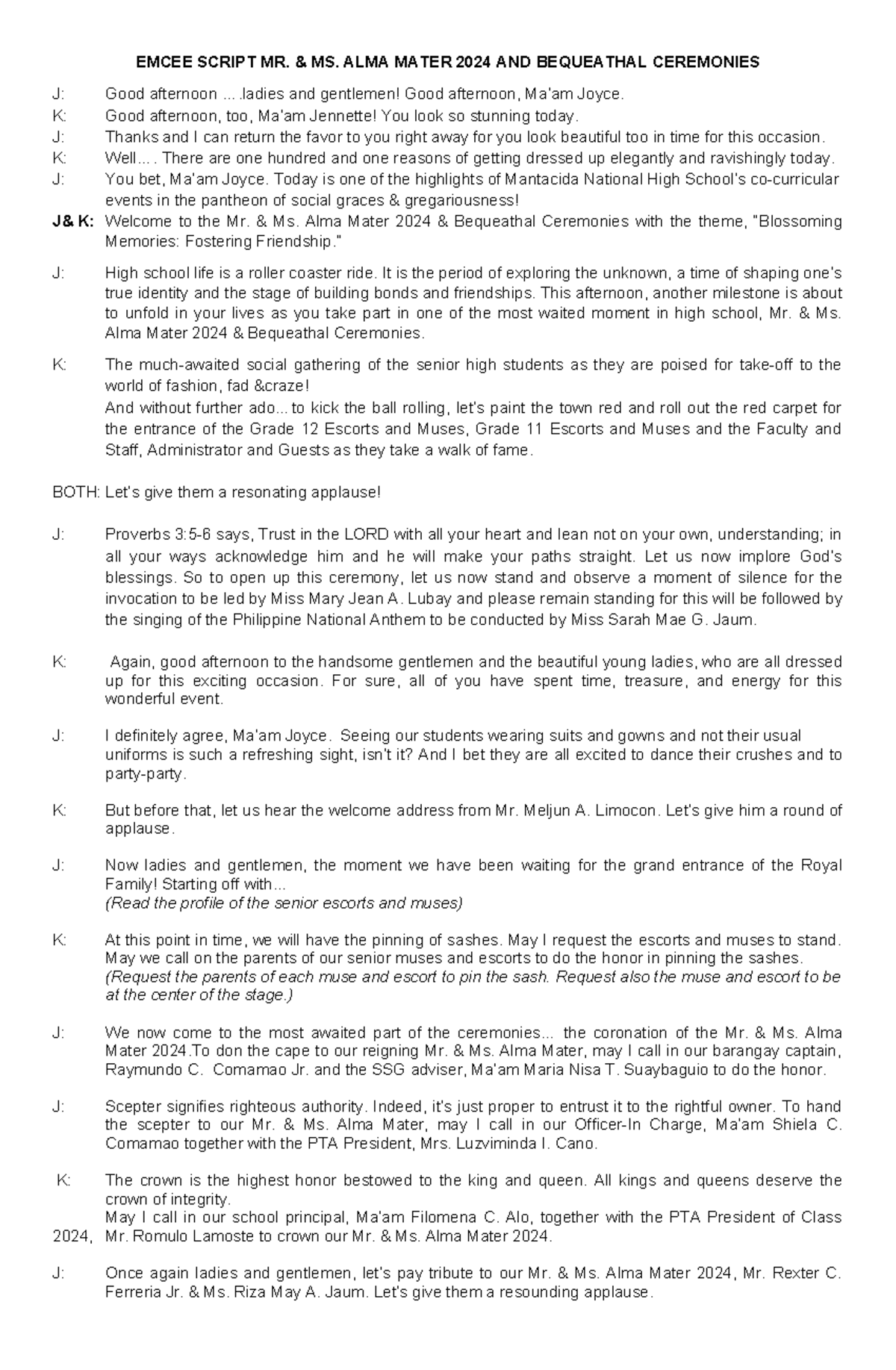 Emcee Script for MR. & MS. ALMA MATER 2024 Ceremony - Studocu