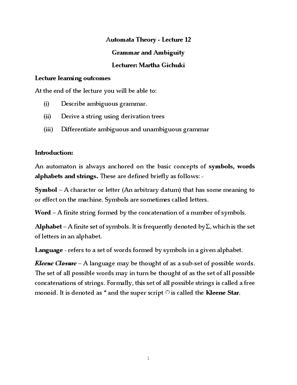 Automata Theory Lecture 12: Understanding Grammar & Ambiguity - Studocu