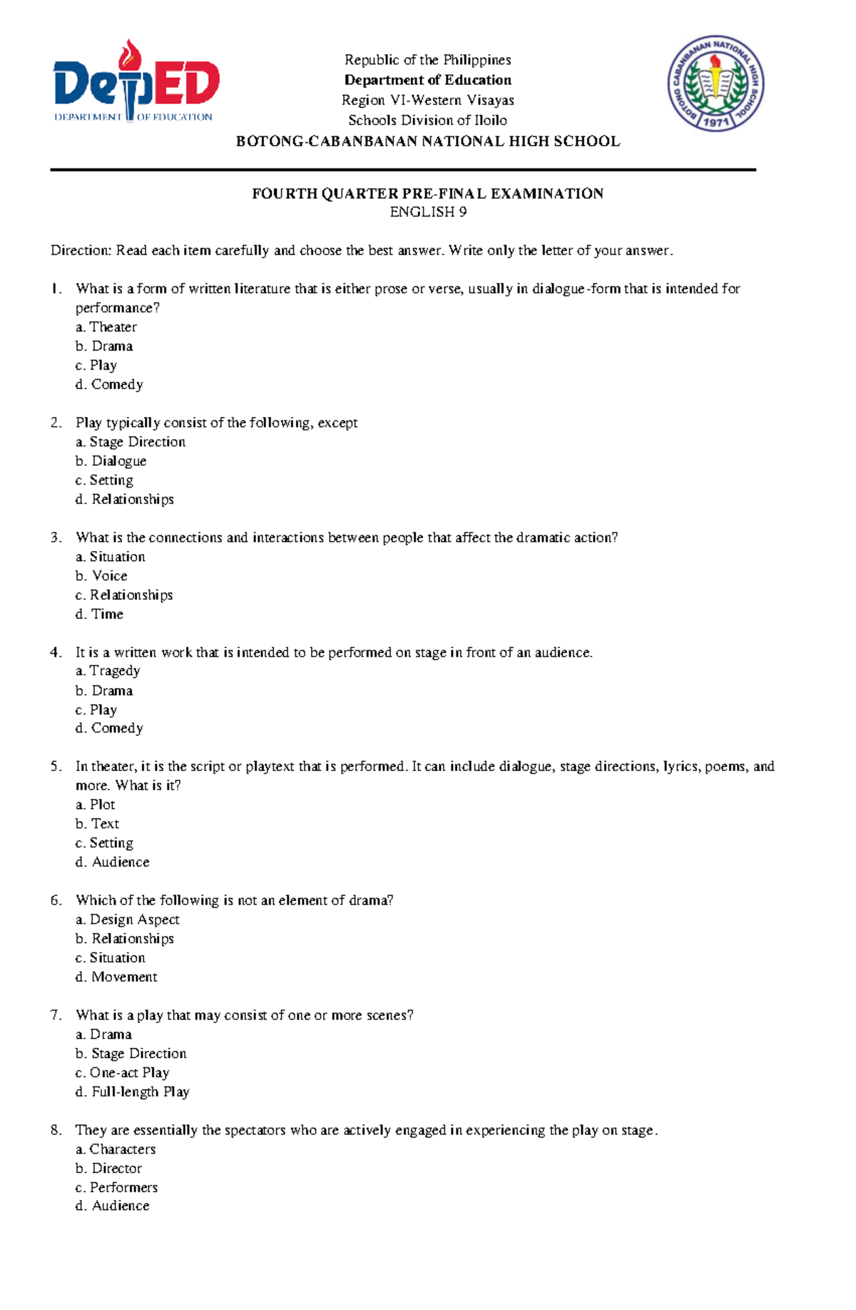 PRE- Final Examination - Republic of the Philippines Department of ...