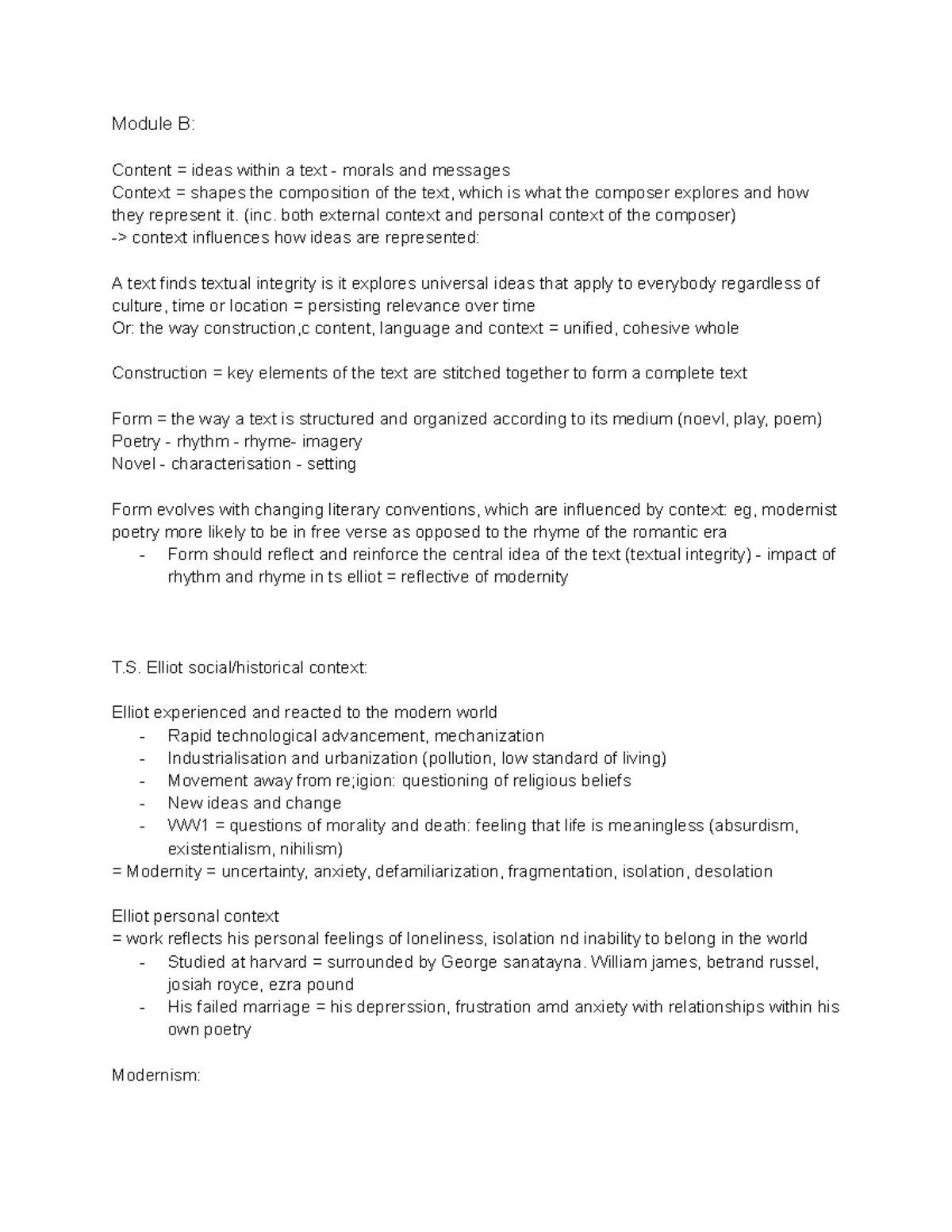 TS Eliot: Practice Essay for Mod B on Modernism & Contextual Influence ...