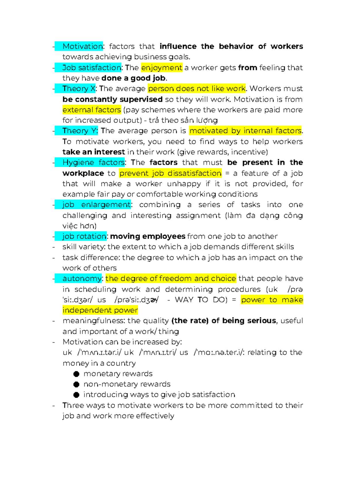 TACN 1 Tổng hợp - Unit 2: Key Terms on Worker Motivation - Studocu