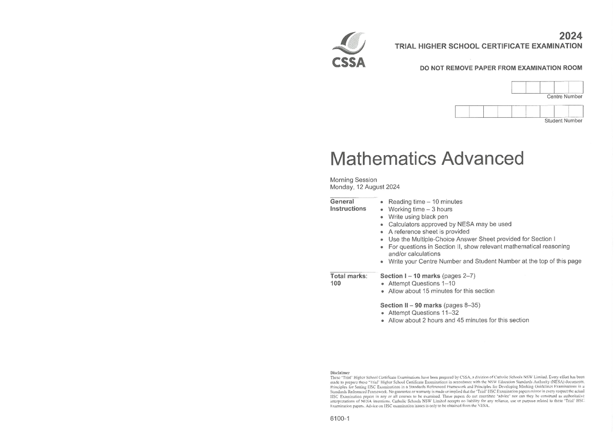 2024 HSC Mathematics Advanced Trial Exam CSSA Practice Paper - Studocu