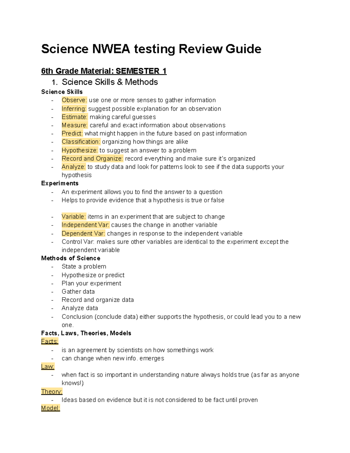 6th Grade Science NWEA Testing Review Guide: Semester 1 Prep - Studocu