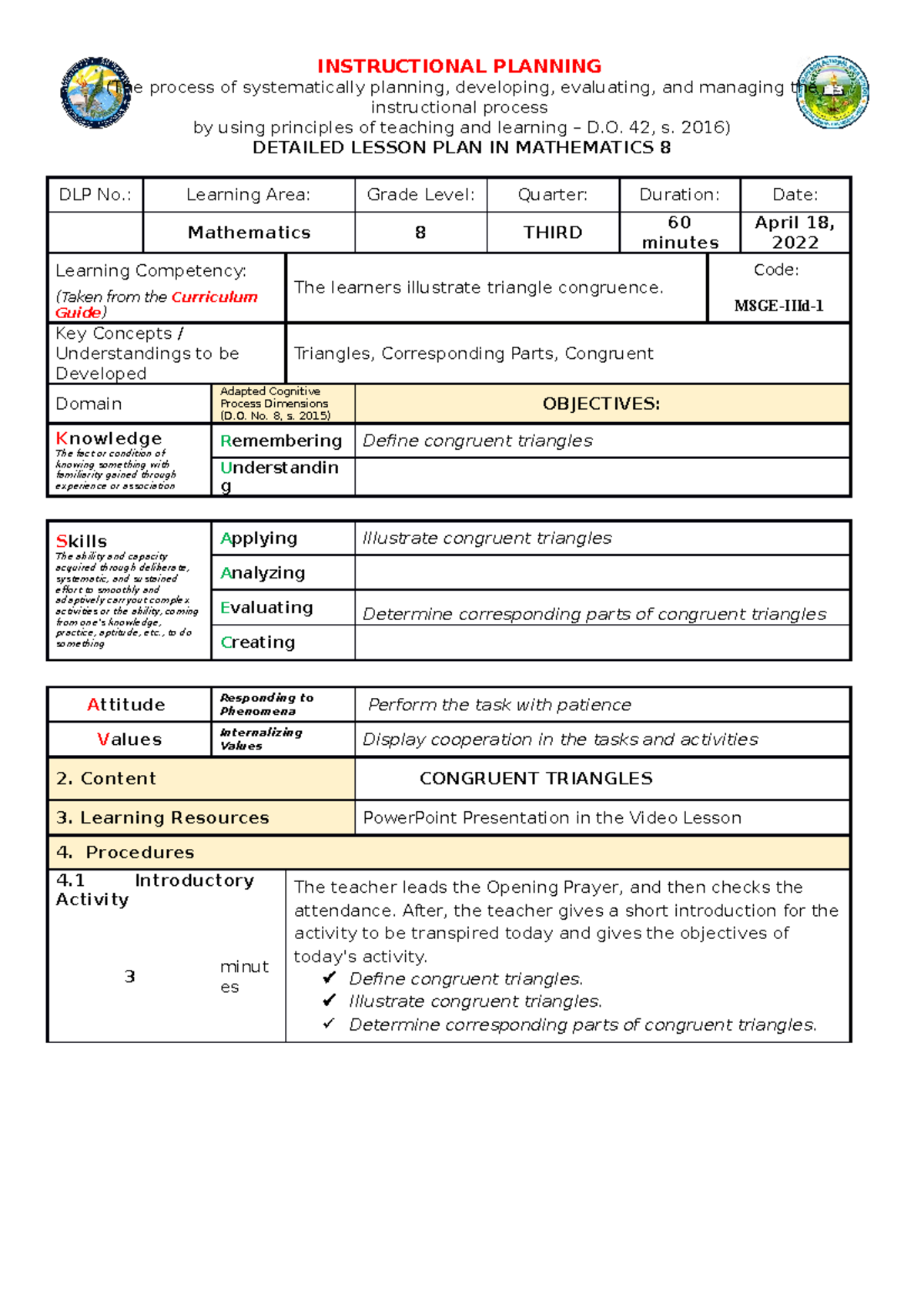 LEsson Plan for Congruent Triangles - Bachelor of Secondary Education ...