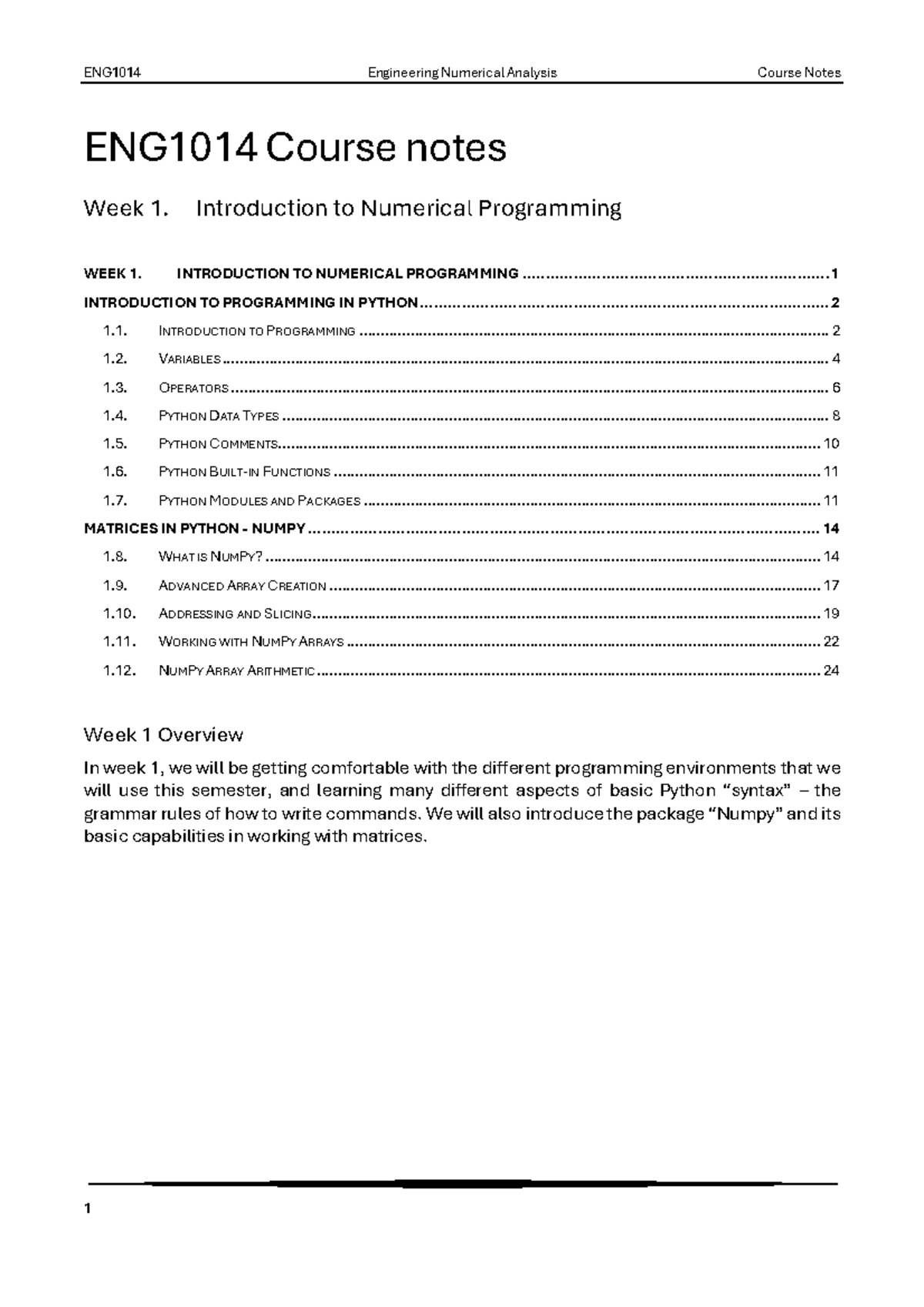 ENG1014 Week 1 Course Notes: Introduction to Numerical Programming ...