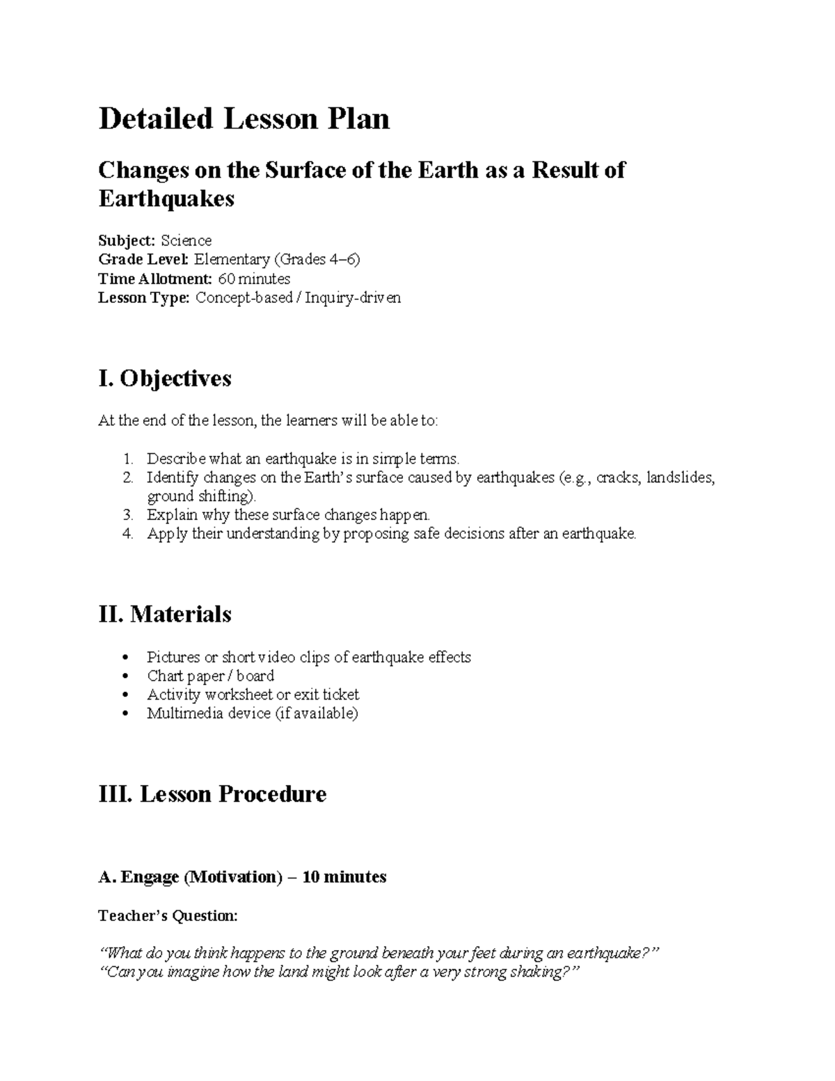 Science 6 Lesson Plan: Earthquake Effects on Earth's Surface - Studocu