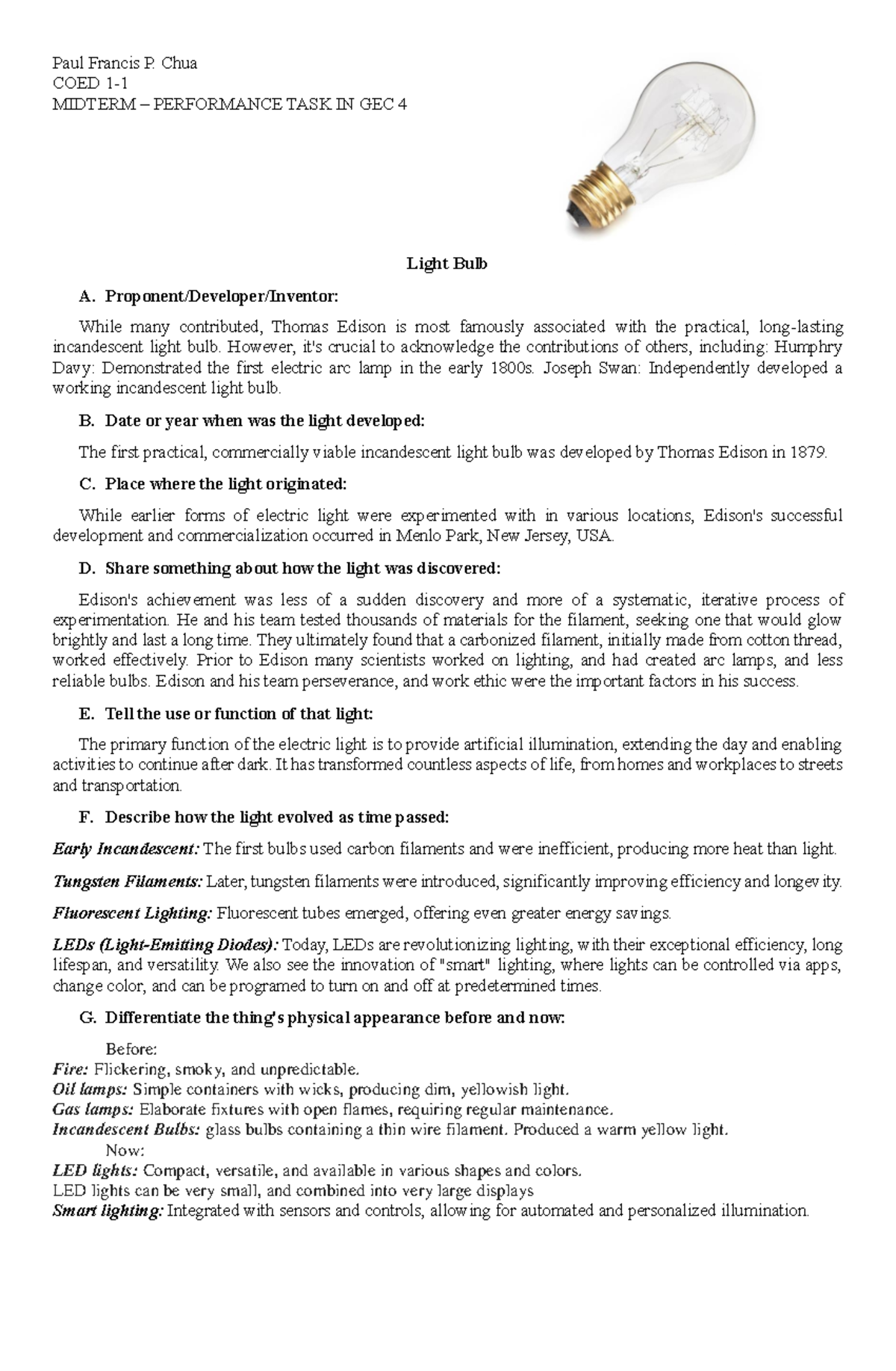 Paul Francis P - Bbbb - Paul Francis P. Chua COED 1- 1 MIDTERM – PERFORMANCE TASK IN GEC 4 Light ...