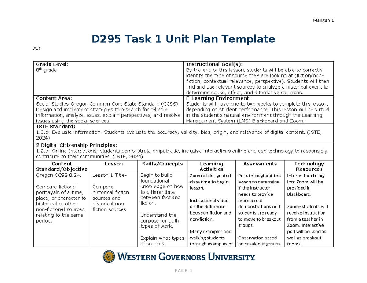 WGU D295 Task 1 - 8th Grade Unit Plan on Source Credibility and Analysis - Studocu