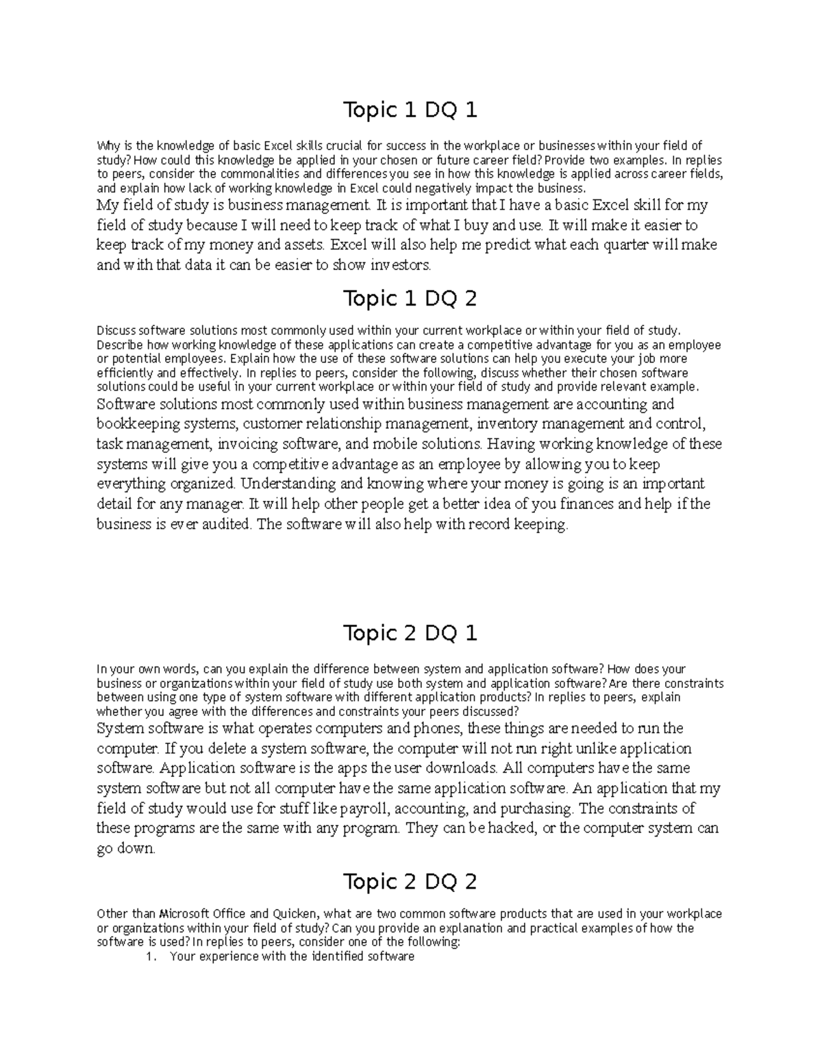Business Management DQ Insights - Excel & Software Applications - Studocu